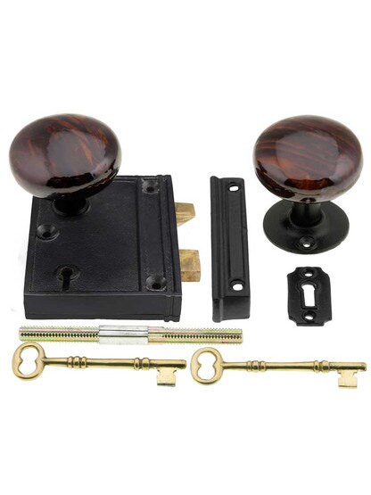 Cast Iron Vertical Rim Lock Set with Bennington Style Door Knobs | House of Antique Hardware